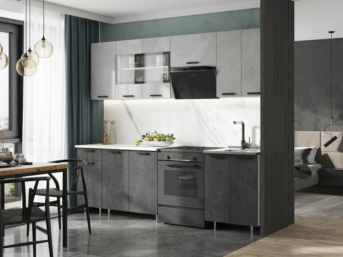 Кухонный гарнитур 2,4м (490) Рио NEW бетон светлый/бетон темный, белый со столешницей, МИФ