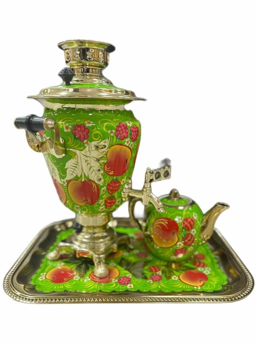 Набор самовар электрический 3 литра с художественной росписью Яблоки на зелёном фоне