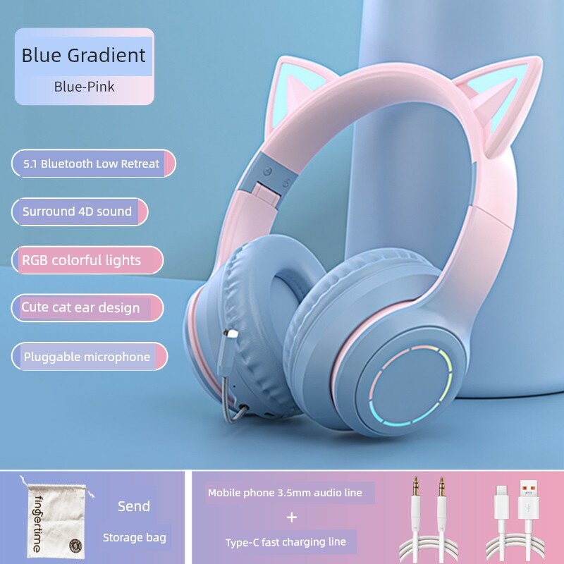 Оригинальные наушники-гарнитура с кошачьими ушками 5.1 Bluetooth для девочек, стерео с шумоподавлением, поддержка