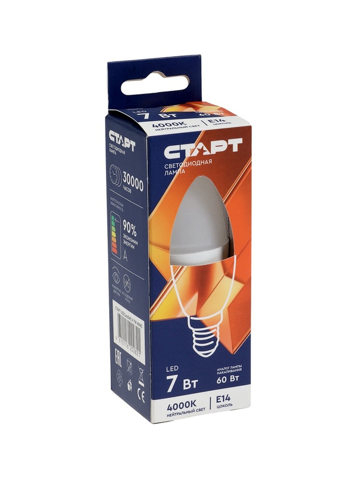 Лампа светодиодная старт, 7 Вт, Е14, С37, 4000К, 560 Лм холодный (нейтральный) свет 10942783