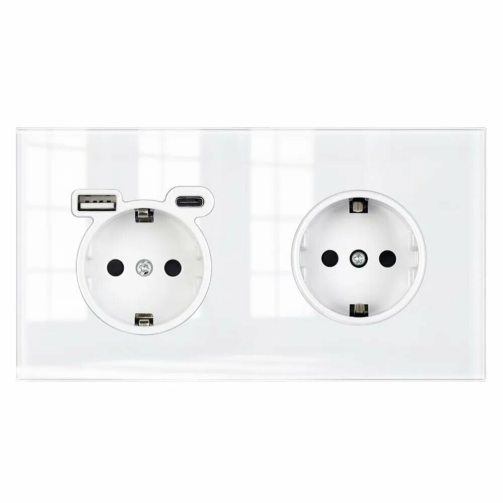 Розетка электрическая двойная с USB и type-C входами, в стандартный подрозетник, рамка закаленное стекло Белая