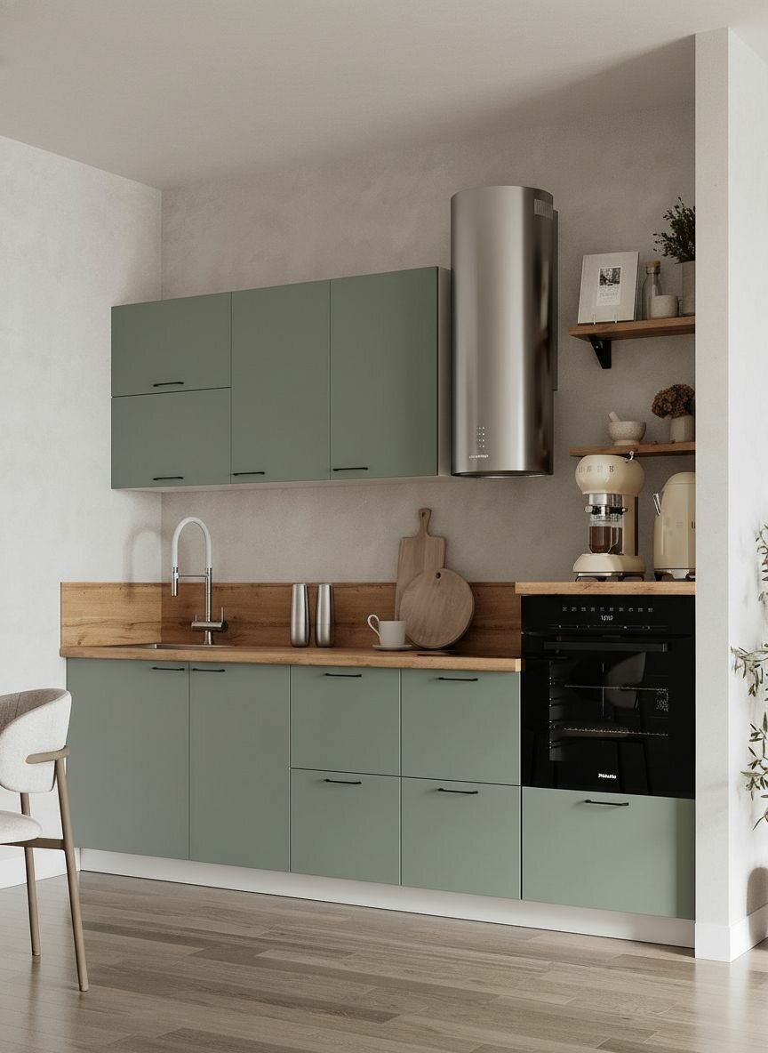 ARNIKA Кухонный гарнитур со столешницей Лизет 2,55м, цвет олива3 зеленый, фасад Эмаль