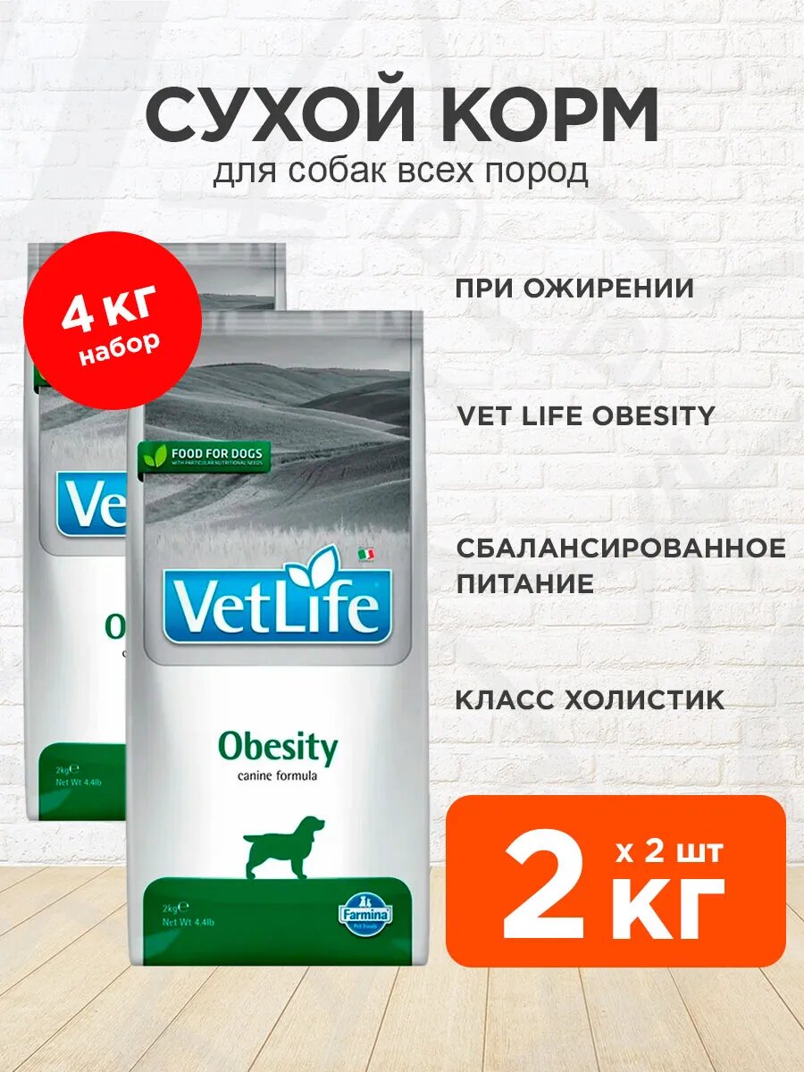 Корм сухой Farmina Vet Life Canin Obesity для взрослых собак при ожирении, 2 кг 2 шт