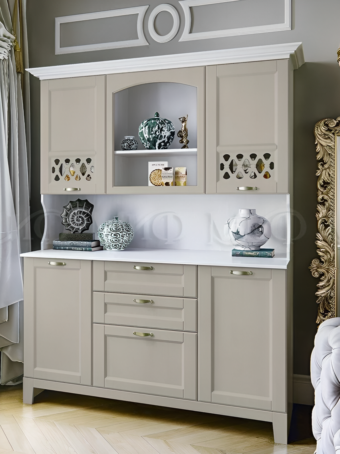 Буфет прямой с полками Милано шарли мокко/белый миф, Мебельный рай