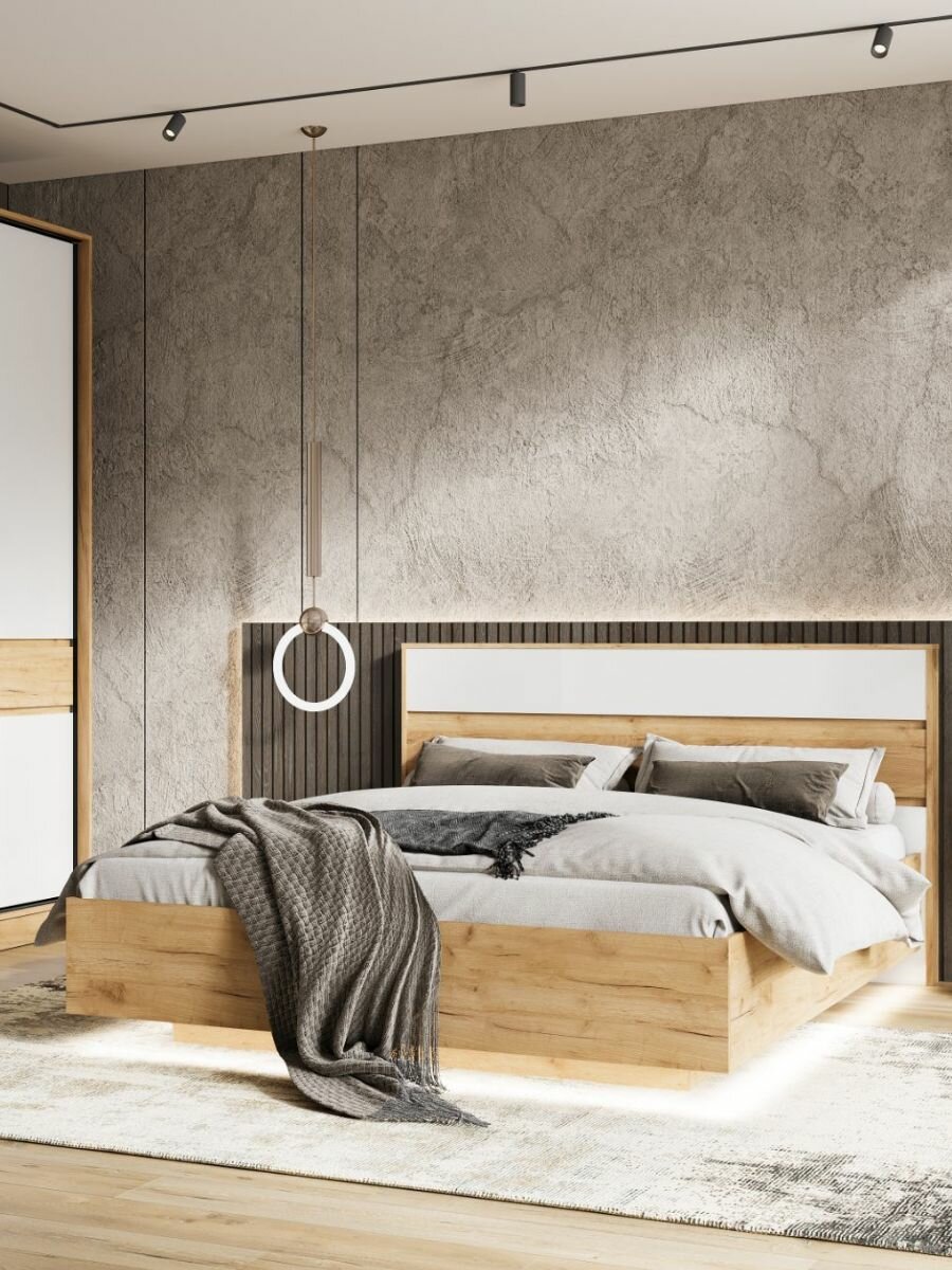 Кровать двуспальная парящая Регина 1708х1000х2117 Дуб Крафт/Белый глянец холодный ортопедическое основание подсветка МИФ