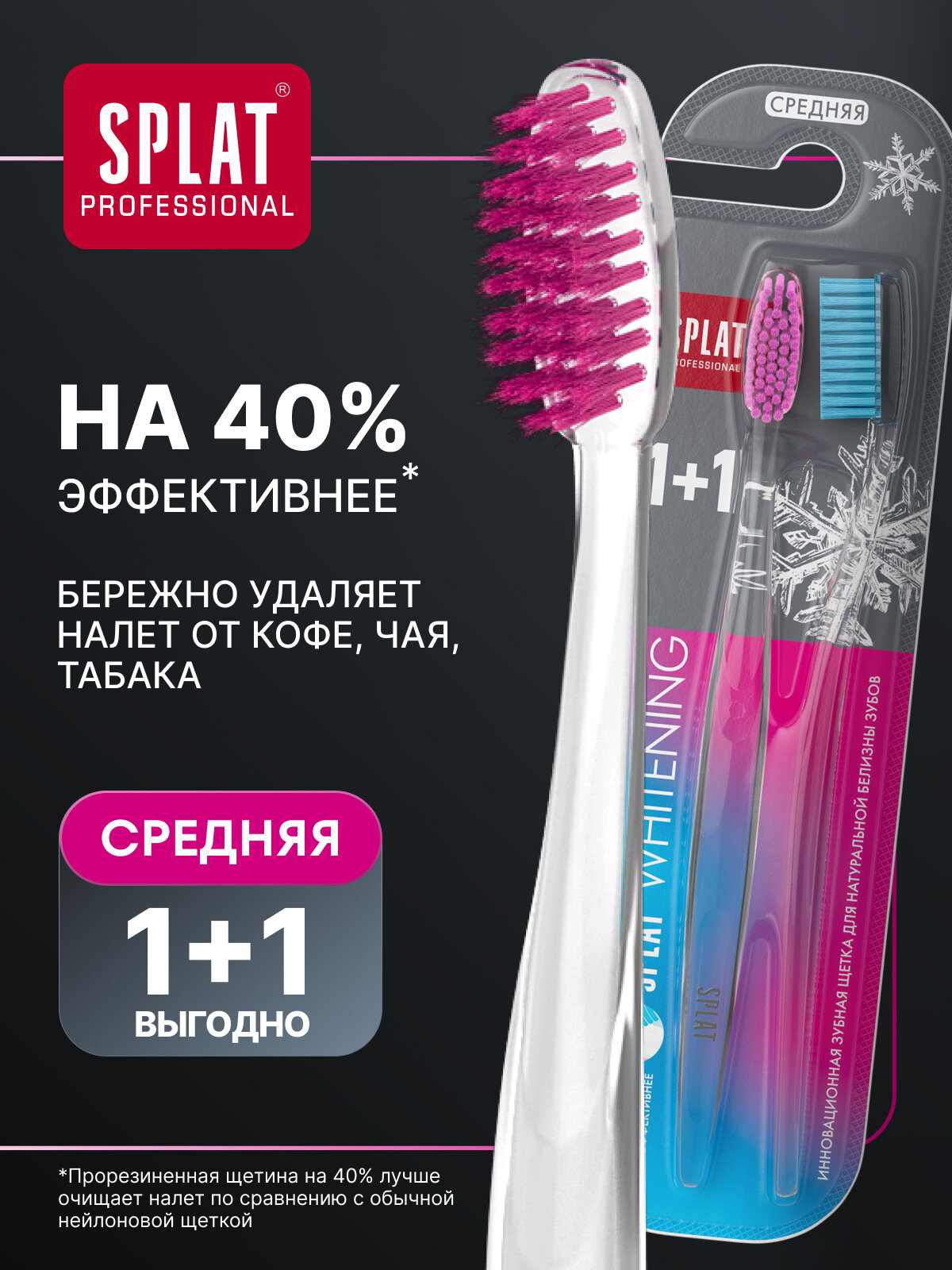 Зубная щетка SPLAT Professional WHITENING для отбеливания зубов, средняя, набор 2 шт.