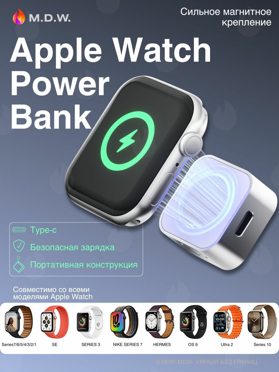 Беспроводной портативный зарядной блок для часов, подходит для Apple Watch, зарядное устройство двух в одном, серебристый, Модель WPB-09