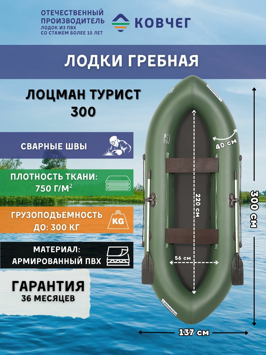 Лодка ПВХ гребная для рыбалки Лоцман Турист 300, цвет зеленый