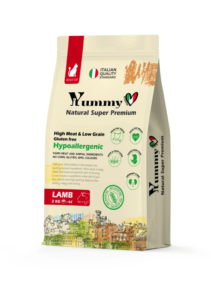 Сухой корм Yummy Linea для взрослых кошек всех пород с ягненком - 2 кг