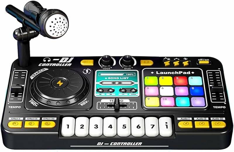 Детский DJ контроллер, DJ микшерный стол, DJ оборудование с BT 5.0, регулируемый микрофон, 8 электронных клавиш, 3 звуковых эффекта, 12 MIDI песен, светящаяся игра в молоток
