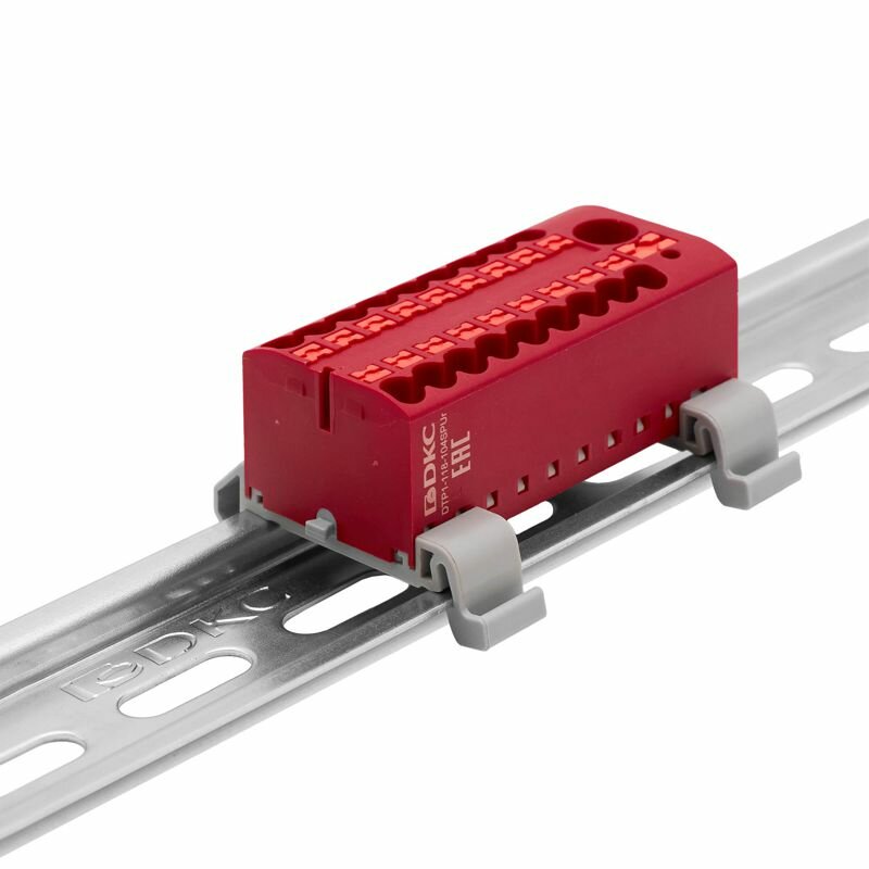 Блок распределительный с горизонт. адаптером на рейку шир. 35мм зажим push-in 1 ввод 6кв. мм 18 точек подключения 2.5кв. мм красн, DKC DTP1-118-104SPUR-H (1 шт.)
