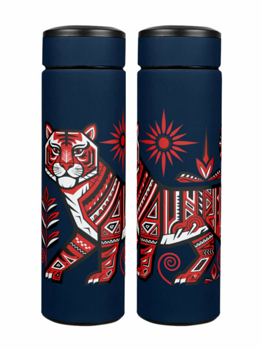 Термос «Красный тигр, в русском стиле» (темно-синий)