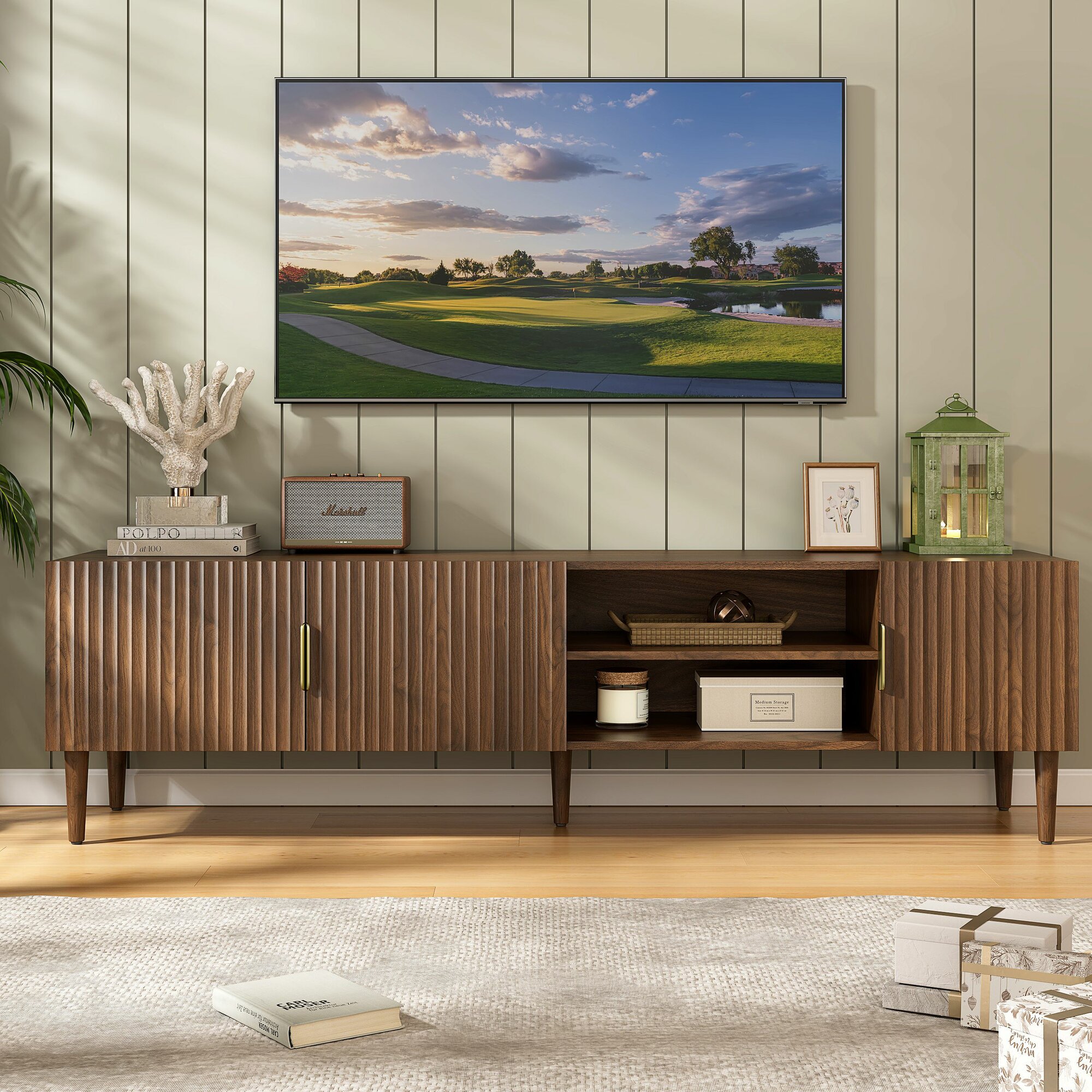 Тумба под телевизор напольная 180×47×37, коричневый, с вертикальной текстурой, реечным дизайном и металлическими ручками