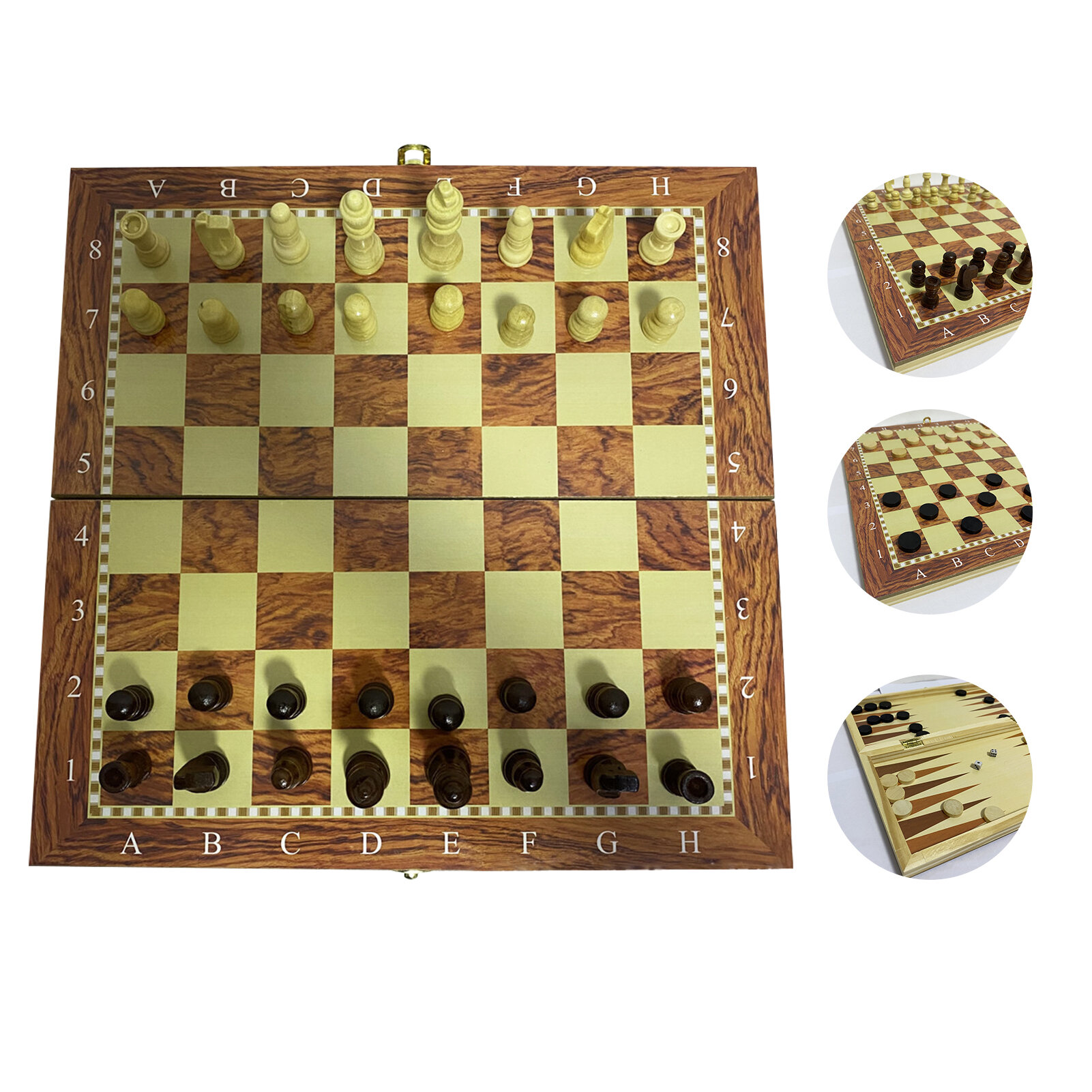 3-in-1 Wooden Chess Set Folding Chess Board Games Chess Checkers Backgammon Open Size 23.5 * 23.1 * 1.4cm Foldable Size 23.5 * 11.5 * 2.8cm Package Size 24.0 * 12.6 * 3.2cm Package Weight 285g 1 * Chess Set