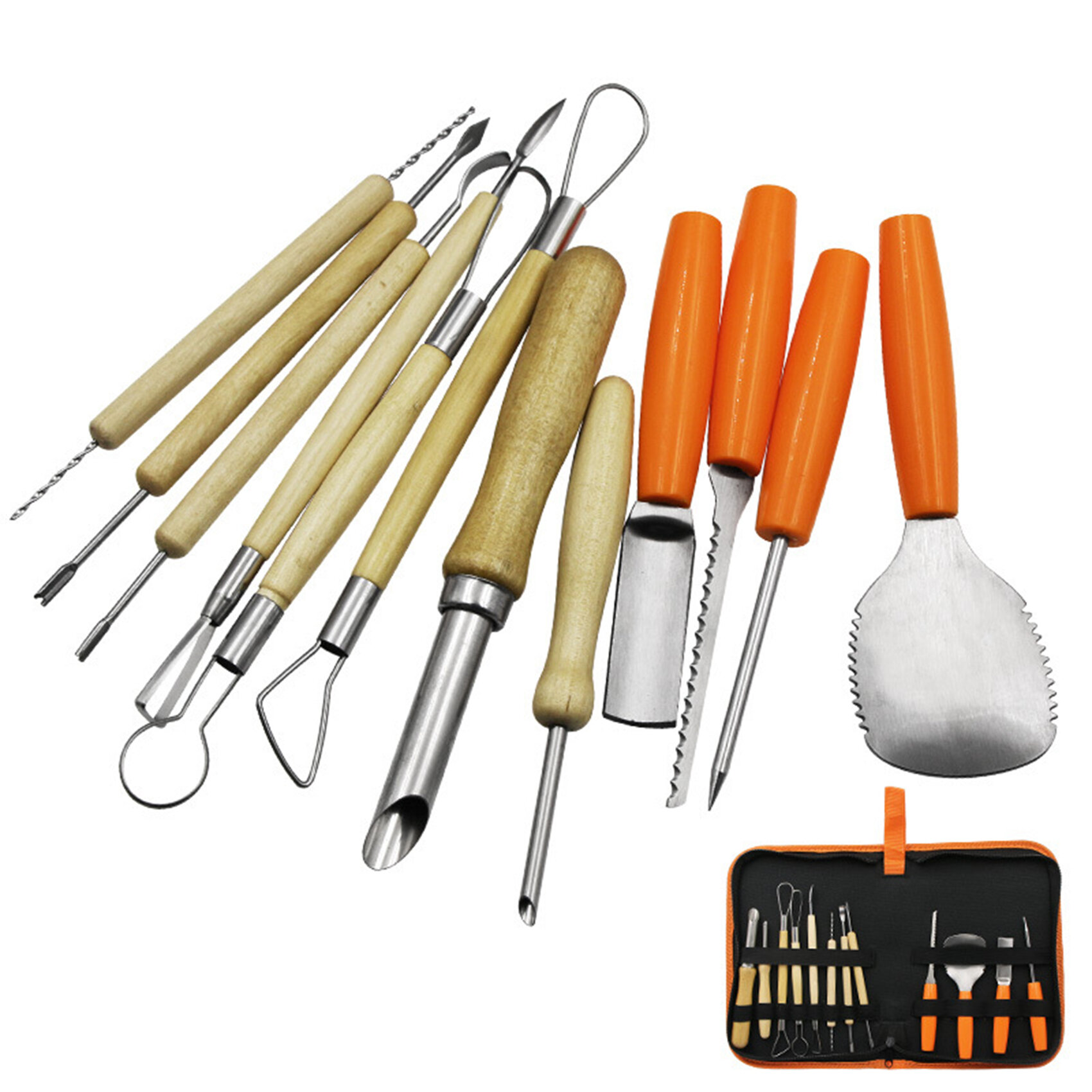 12 предметов Набор для резки тыкв на Хэллоуин из нержавеющей стали, инструменты для декоративных тыквенных фонарей, резьбы по глине, фруктам и цветам, с сумкой для хранения и бесплатными бумажными трафаретами.