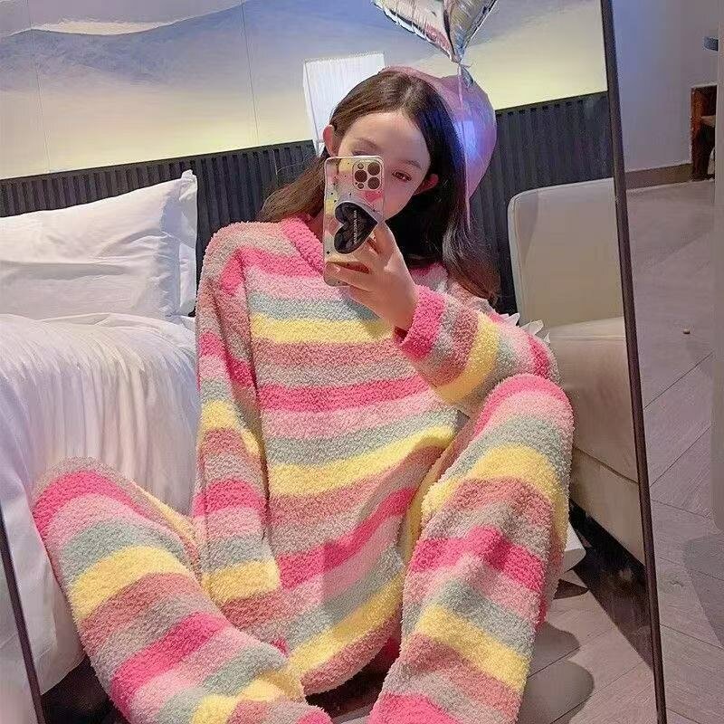 Женская пижама из бархата с длинными рукавами, мягкая, утолщенная, теплая, с полуприлегающим краем, размер:2XL