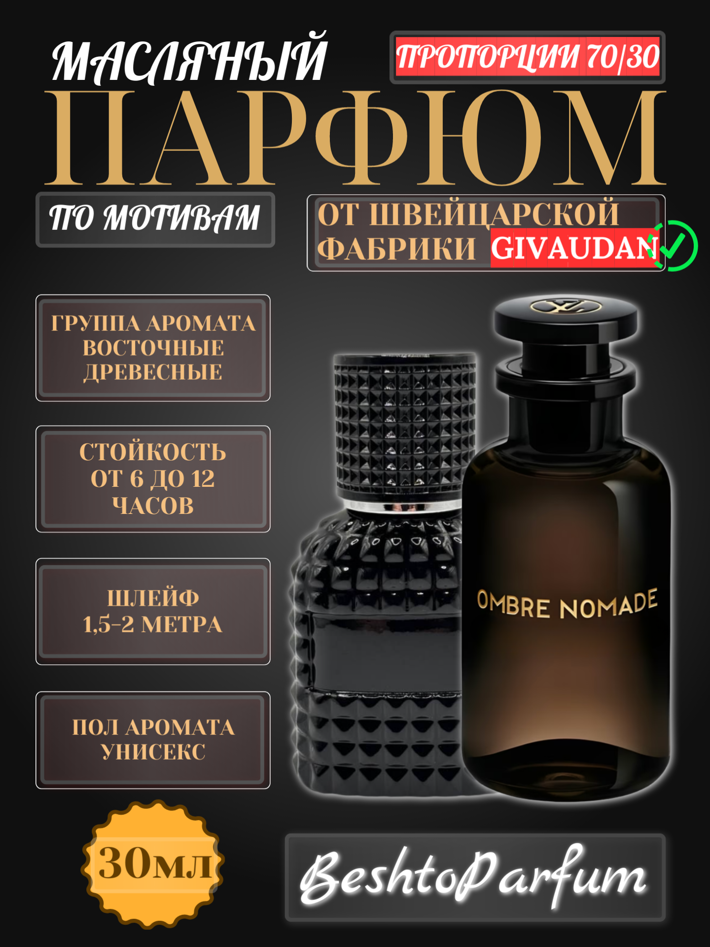 Масляные духи по мотивам Louis Vuitton Ombre Nomade, 70% масла, 30 мл