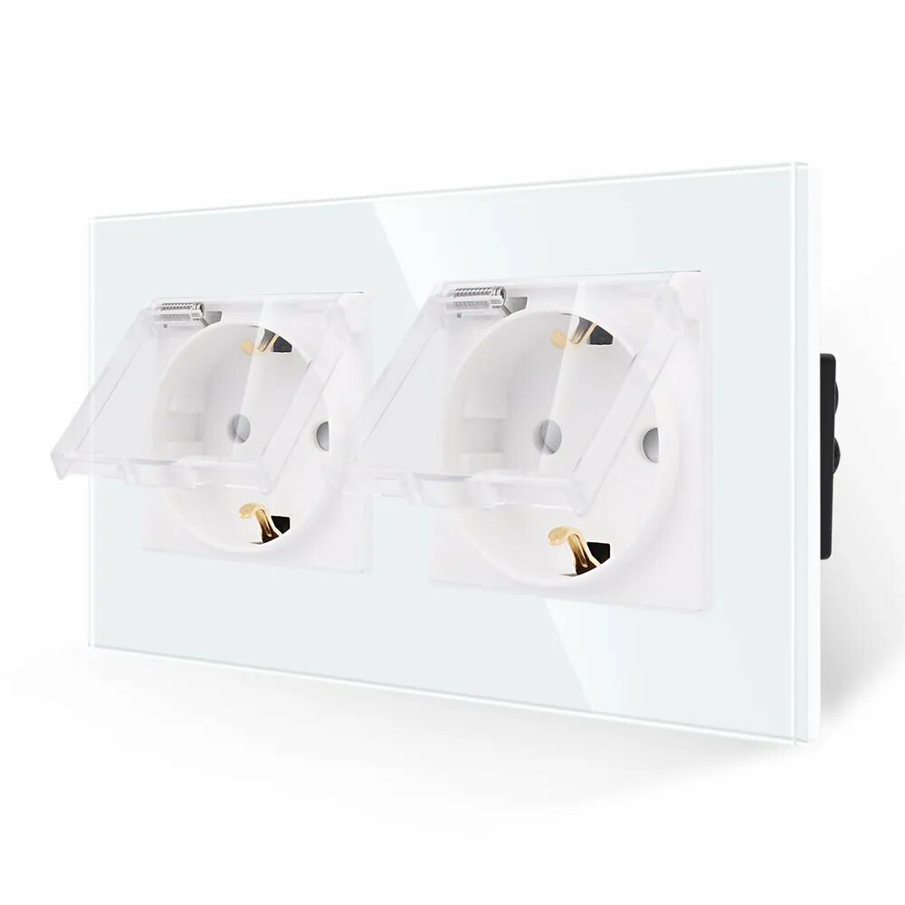 Розетка c водонепроницаемой крышкой 2 поста, Встраиваемая водонепроницаемая розетка на 16А стеклянна белый c землей