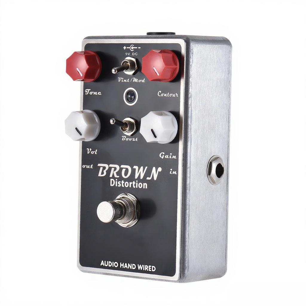 BROWN Distortion Guitar Effect Pedal Full Metal Shell True Bypass 2 switches Vintage Modern Boost 4 control knobs Tone Contour Volume Gain LED light Material Metal Signal Input 1/4″Monaural Jack Signal Output 1/4″Monaural Jack Power Supply DC 9V adapter