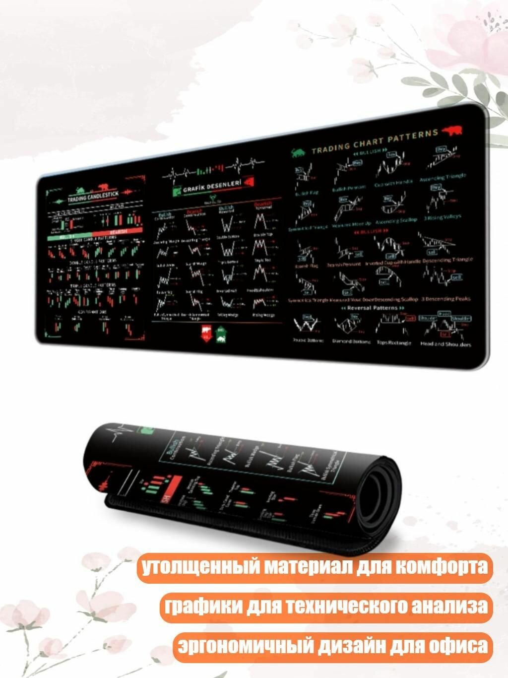 Коврик для трейдинга с техническим анализом, нескользящая резиновая основа, утолщенный, комфортный, для офиса, - 300x600x3 мм - 2451