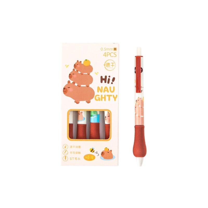 Гелевая Ручка с Мультяшной Темой Капибара, 4 упаковки, 0,5 мм, Щелчки, Выдвижная Гладкая Ручка Для Письма, Офисные Школьные Принадлежности, Прочный Пластик