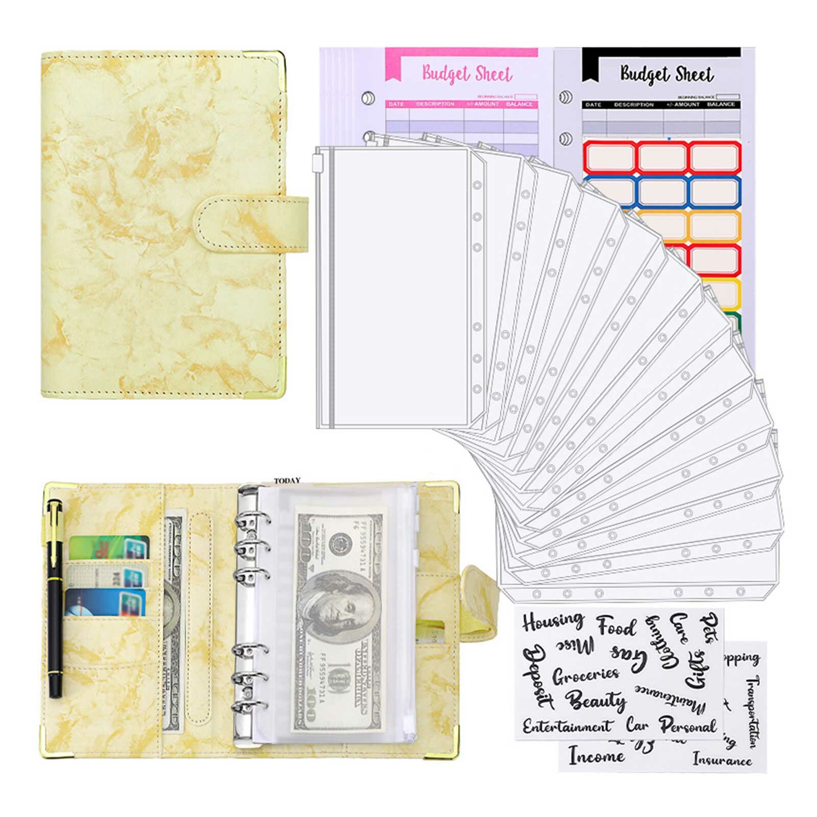 A6 Папка для бюджета с обложкой из кожи PU с мраморным узором, зippers конверты, наклейки, линейка, органайзер для денег, планер для сбережений, подарок для друзей, цвет: Серый, Черный, Розовый, Желтый, Синий