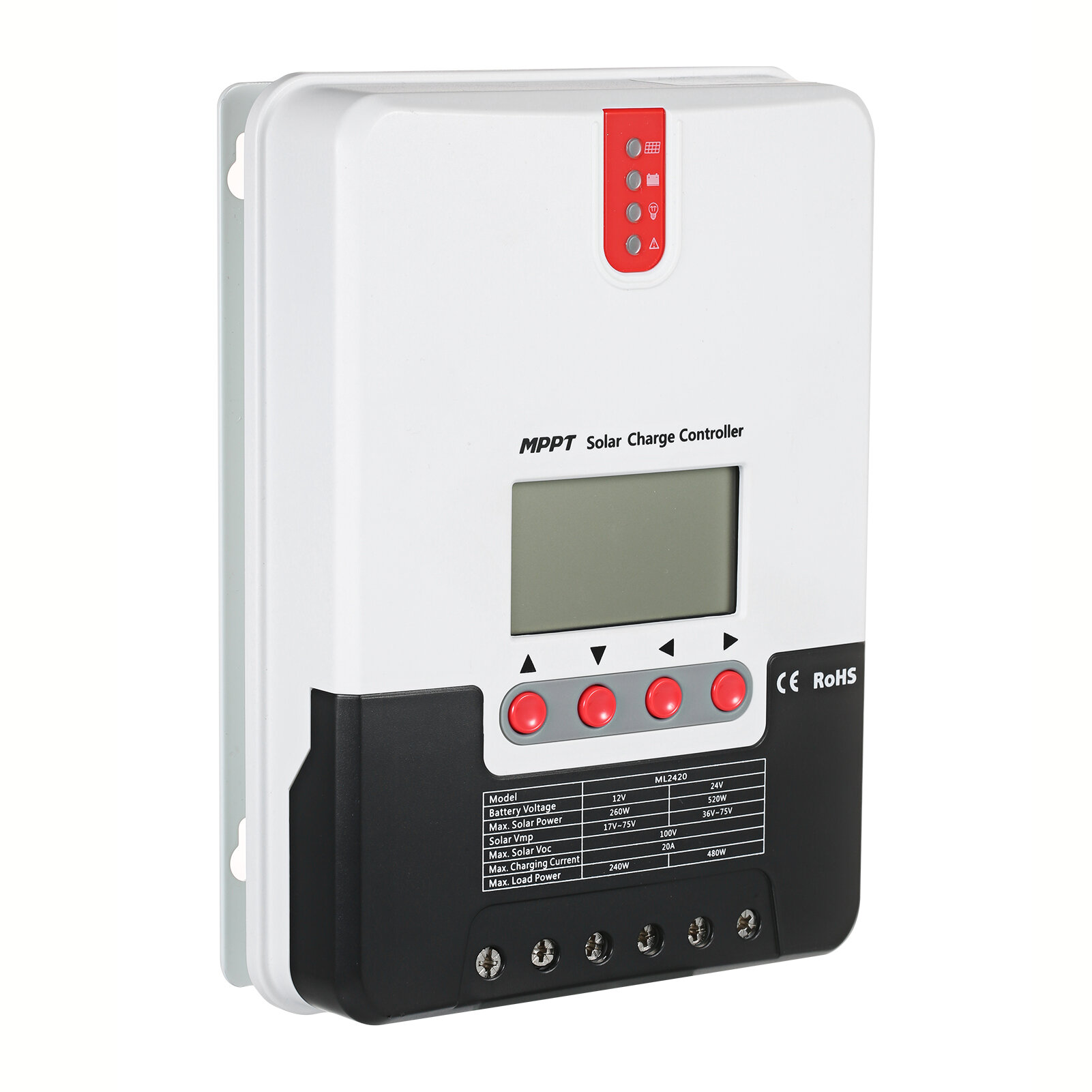 Контроллер заряда MPPT для солнечных панелей 20A 12V/24V самопристраивающийся с максимальным входным напряжением 100V для герметичных гелевых открытых аккумуляторов литиевых батарей с температурной компенсацией множественными защитными функциями и