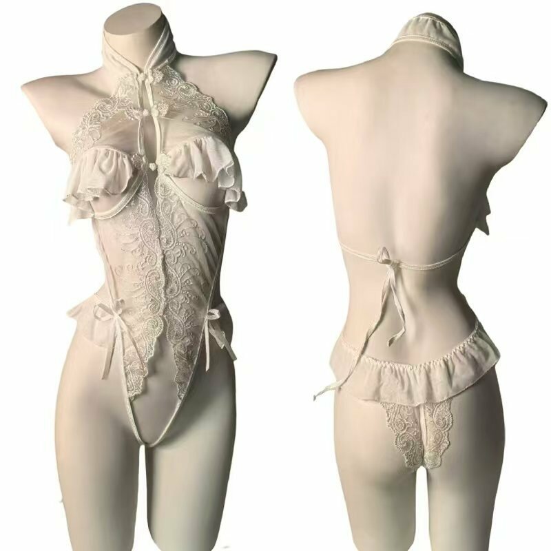 Сексуальное нижнее белье, ночная рубашка с вырезом спереди, ночная рубашка с эффектом пуш-ап, чонсам, сексуальный кружевной женский боди-униформа. Белый.