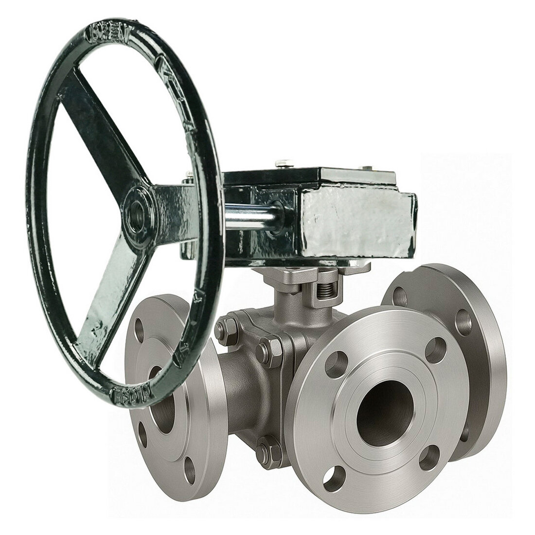 Кран шаровой DN.ru 316-316-PTFE-FP-3L-F-ISO-H Ду80 Ру16 HYMT, трехходовой L-тип, полнопроходной, фланцевый, корпус - нержавеющая сталь SS316, с редуктором RDN-4 (опрессовано)