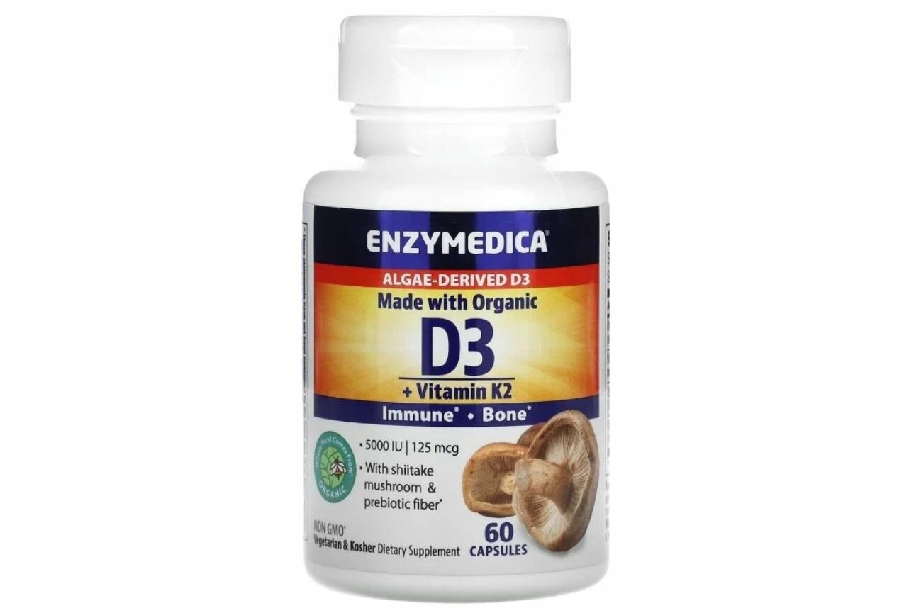 Enzymedica, Органический D3 (5000 ME) + витамин K2 с пребиотиком, 60 капсул