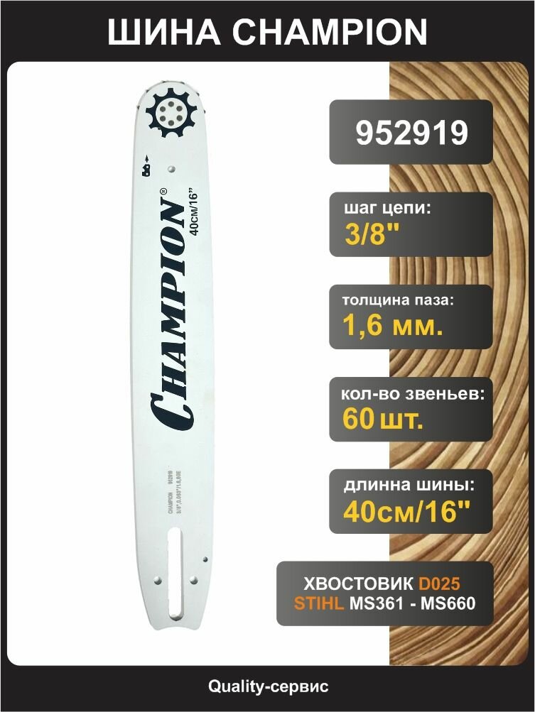 Шина для бензопилы STIHL 3/8", 1.6мм, 60 звеньев, 16"/40см Champion (952919)