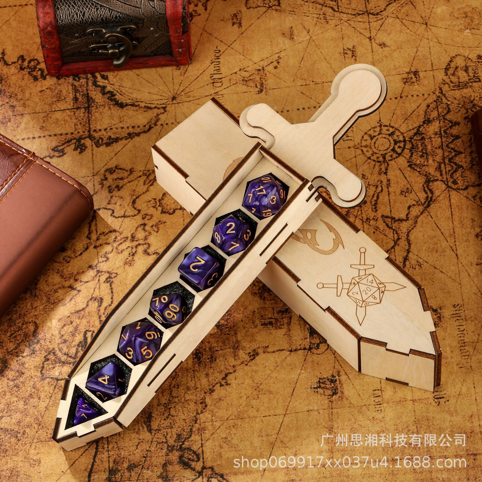Коробка для хранения в форме меча с драконом + фиолетовые игральные кости, аксессуары для настольных игр, коробка для костей в форме меча