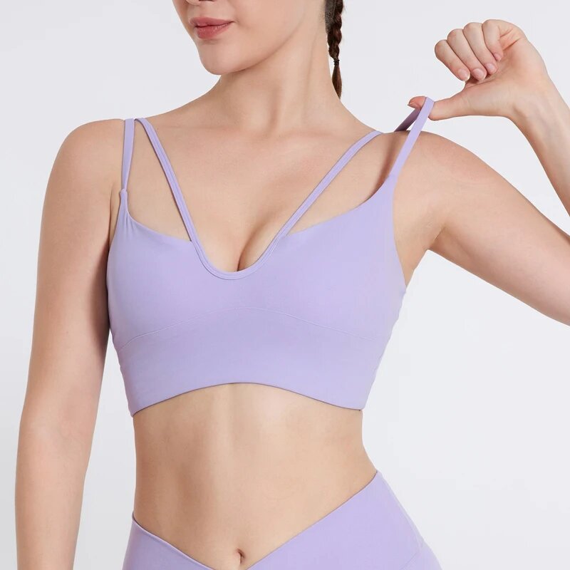 Топ для йоги с двойными бретелями и подкладкой для груди, женское спортивное нижнее белье, тонкий бюстгальтер для фитнеса с V-образным вырезом и бретелями, для йоги и красоты спины. размер,46/L