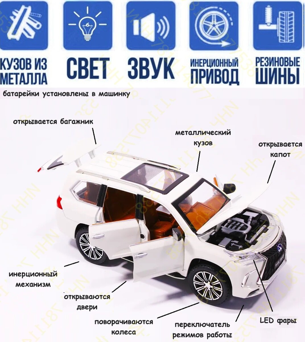 Лексус Lexus LX 570 21 см (1:24) металлическая инерционная машинка с открыв. дверьми, капотом и багажником, звук и свет