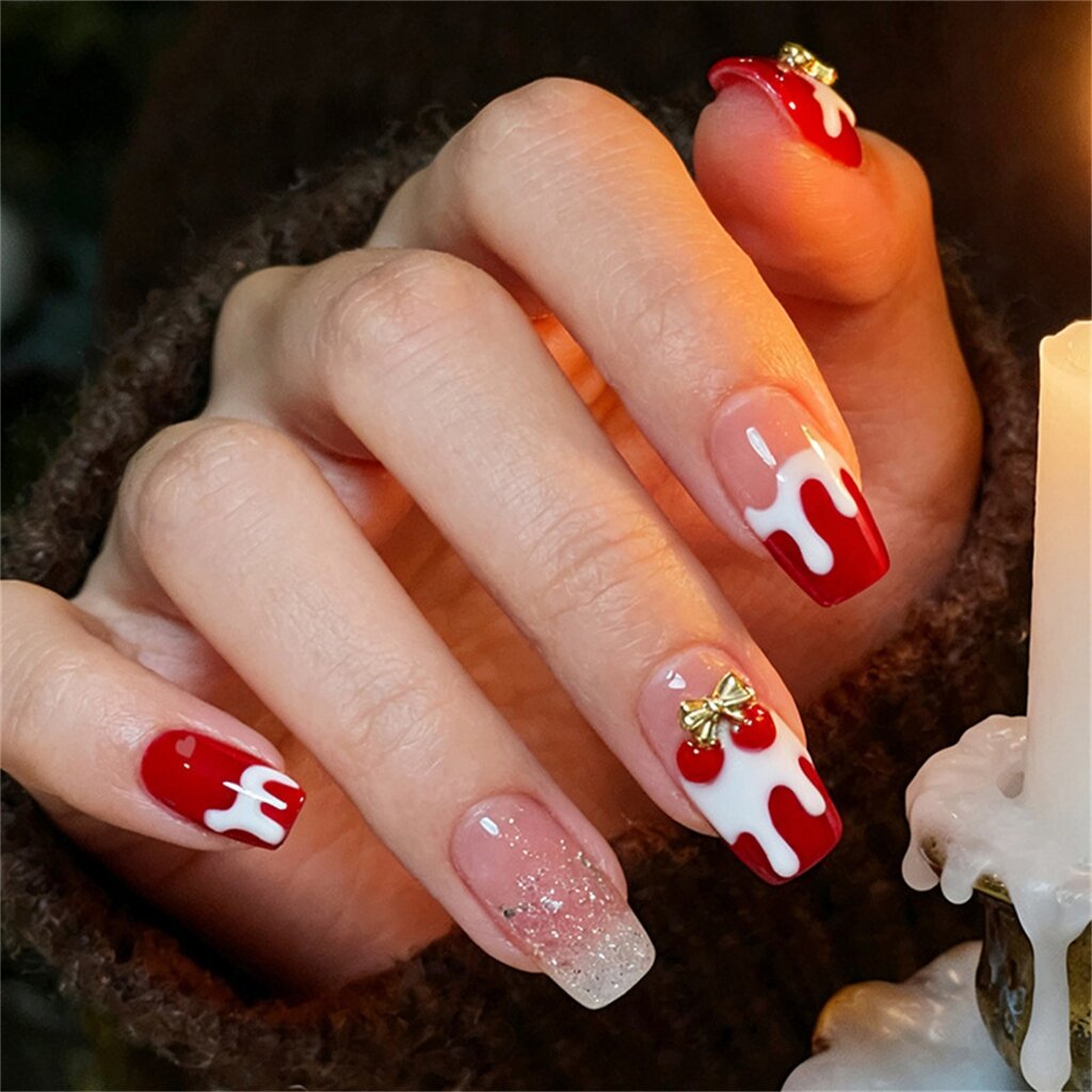 Festive Red White Glossy Press On Nail ABS Press on Nail Long Lasting Manicure Fingernail Art Set For Women