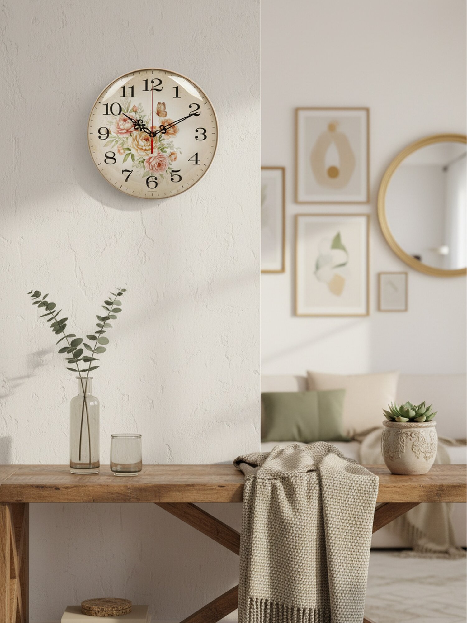 Часы настенные кварцевые Рубин Цветы 2526-101, круглые 25 см, бежевый корпус, декор для дома и кухни, Россия