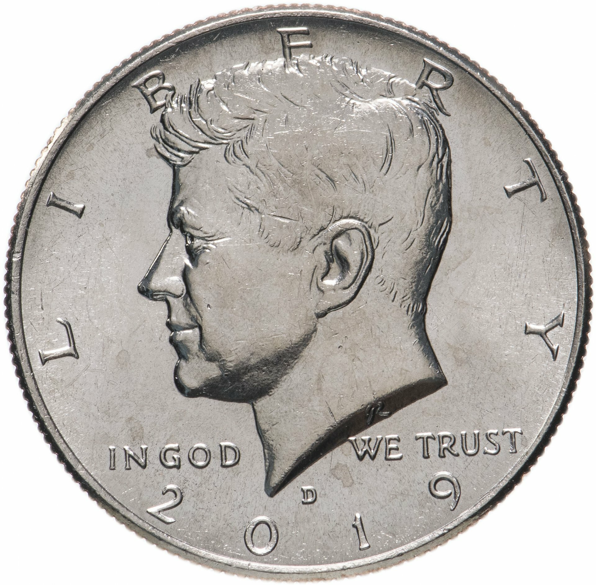 США ½ доллара 2019 "Kennedy Half Dollar" Отметка монетного двора:"D" - Денвер, Медь с медно-никелевым покрытием, в сохранности UNC