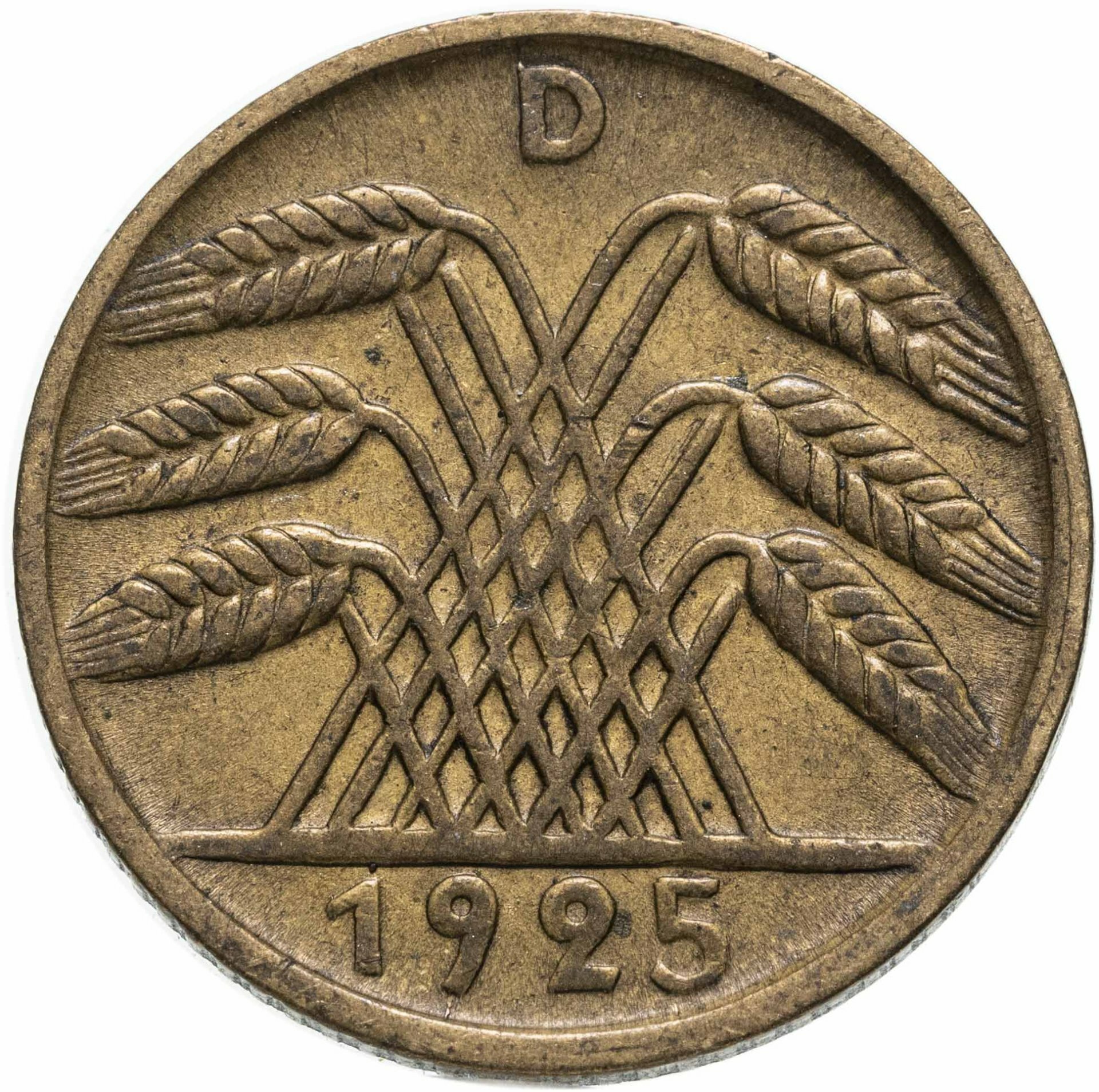 Германия 5 рейхспфеннигов reichspfennig 1925, знак монетного двора "D" — Мюнхен, Бронза, в сохранности XF