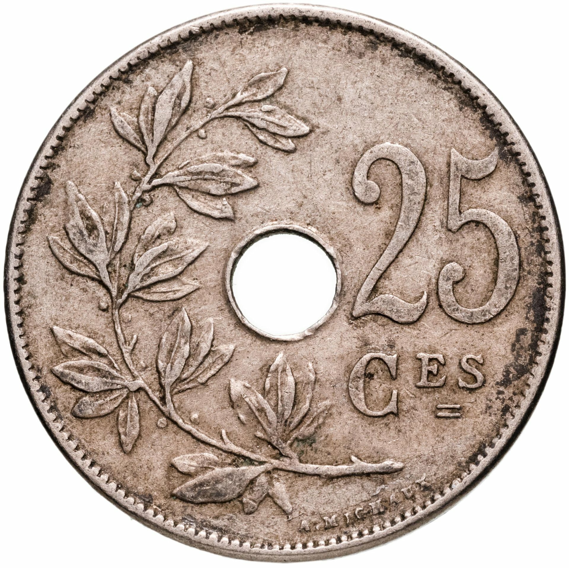 Бельгия 25 сантимов centimes 1909 Надпись на французском - 'BELGIQUE', Мельхиор медь-никель, в сохранности VF