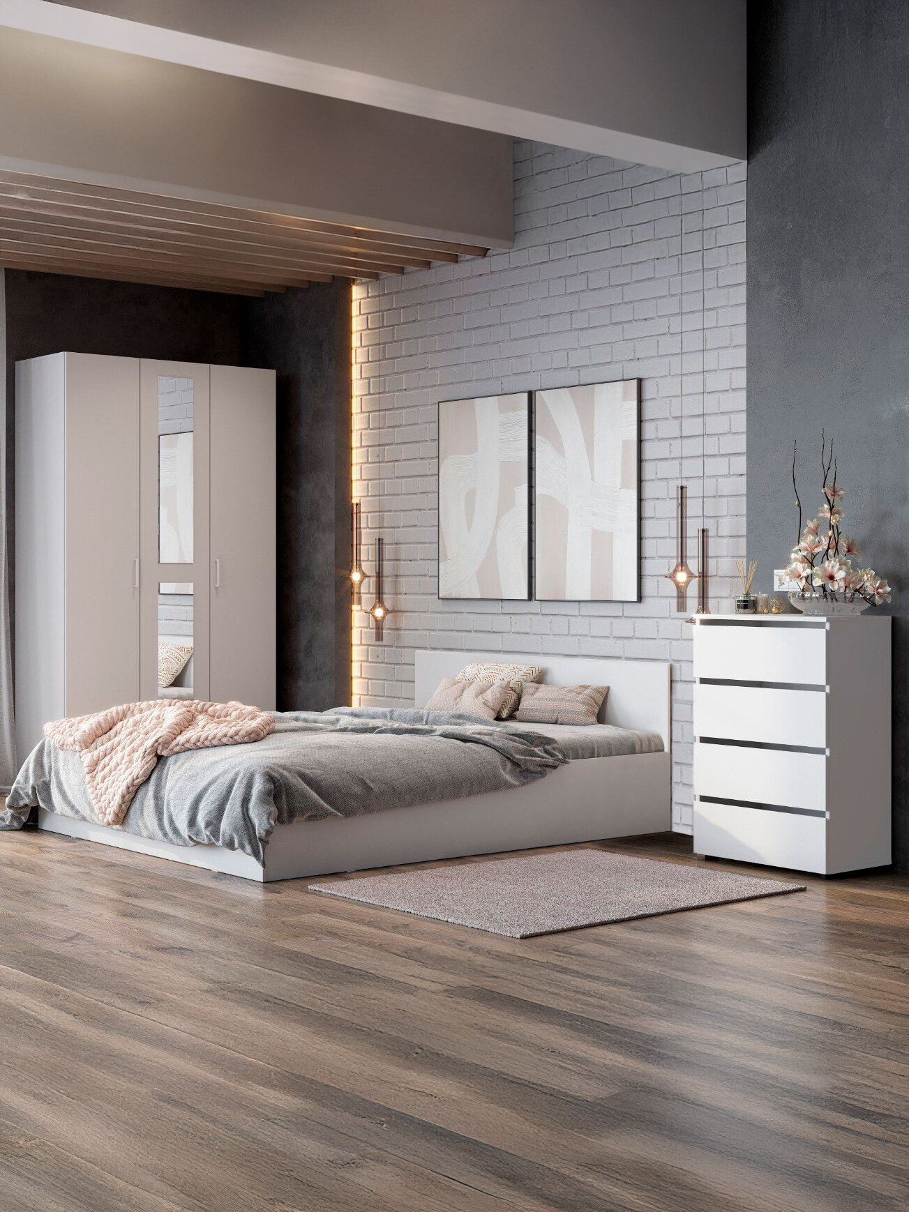 Спальный гарнитур, комплект Тайлер, кровать, шкаф, комод, Белый текстурный