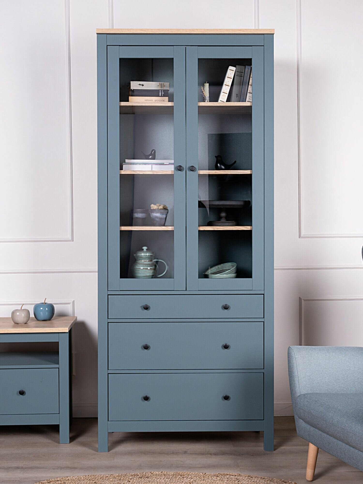 Шкаф с витриной Сага, 90х41х215 см, темно-бирюзовый/ясень, ГУД лакк