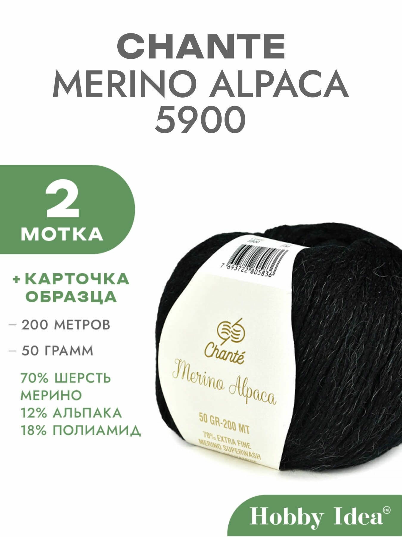 Пряжа Chante Merino Alpaca 5900 Чёрный 2 мотка (Нить тёплая Шанте Мерино Альпака)