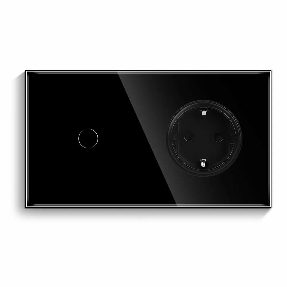 Умный сенсорный WIFI выключатель с розеткой, с Алисой, рамка стекло, цвет черный
