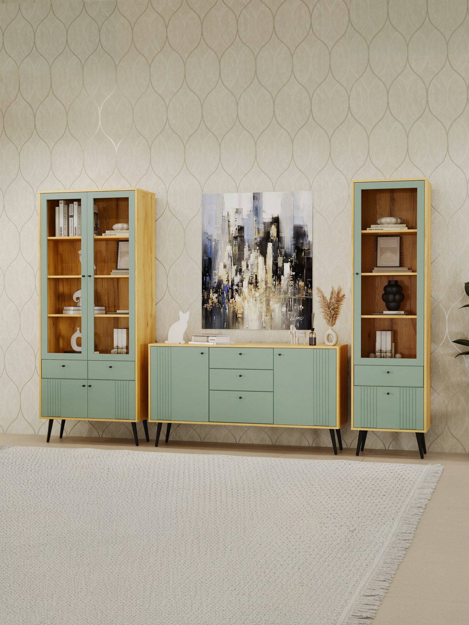 Гостиная комплект Вега Саксония шкаф-витрина, комод, 286х40 см, Дуб Крафт золотой / Серо-зеленый