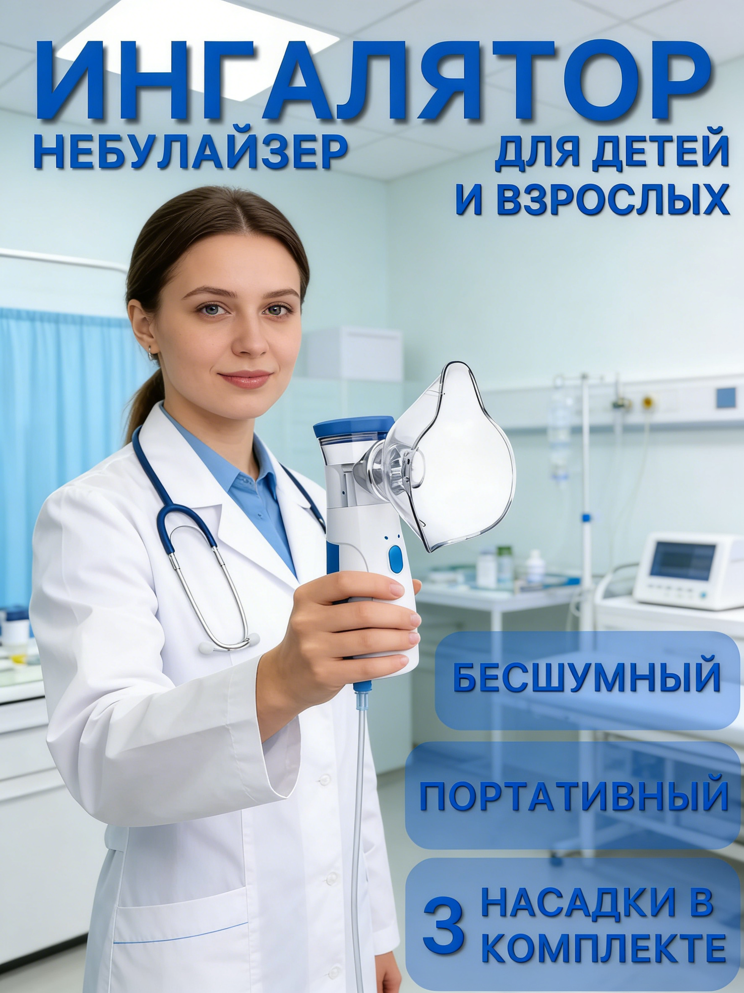 Ингалятор ультразвуковой небулайзер с тремя насадками портативный для детей и взрослых.