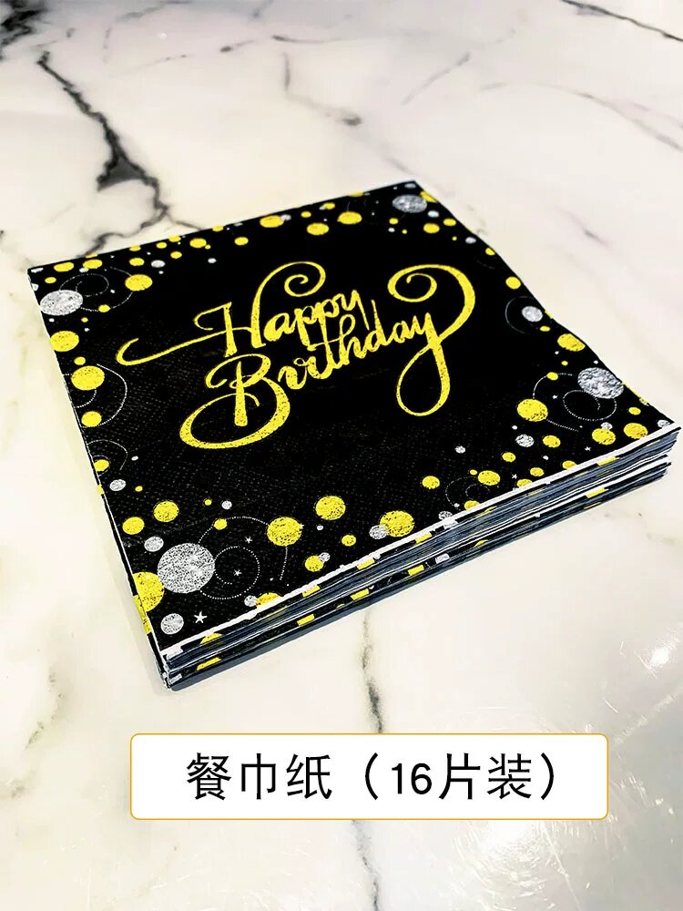 Черно-золотая серия декоративных аксессуаров, бумажные баннеры, принадлежности для украшения дня рождения, бумажные тарелки, фото-аксессуары, шляпы