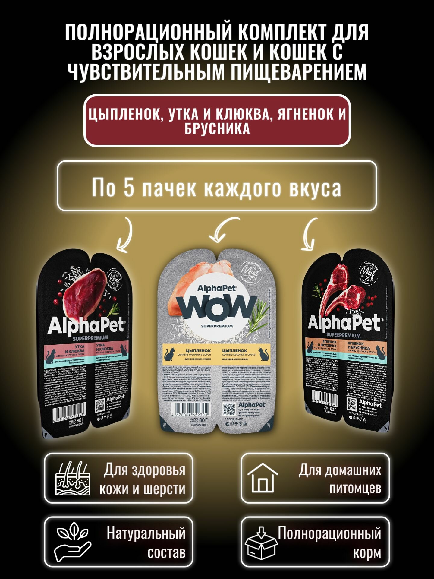 AlphaPet Superpremium / Комплект для взрослых кошек и котов и кошек с чувствительным пищеварением, 3 вкуса (Цыплёнок, Утка, Ягнёнок), 15 шт