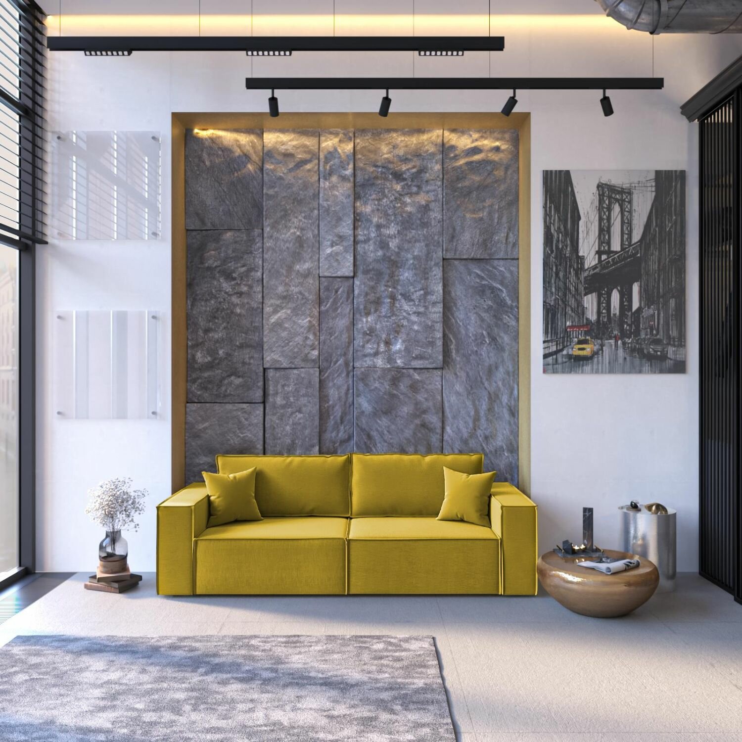 Прямой диван-кровать Manons Maison Hygge, раскладной механизм Еврокнижка, Рогожка желтый, 250х100х86 см