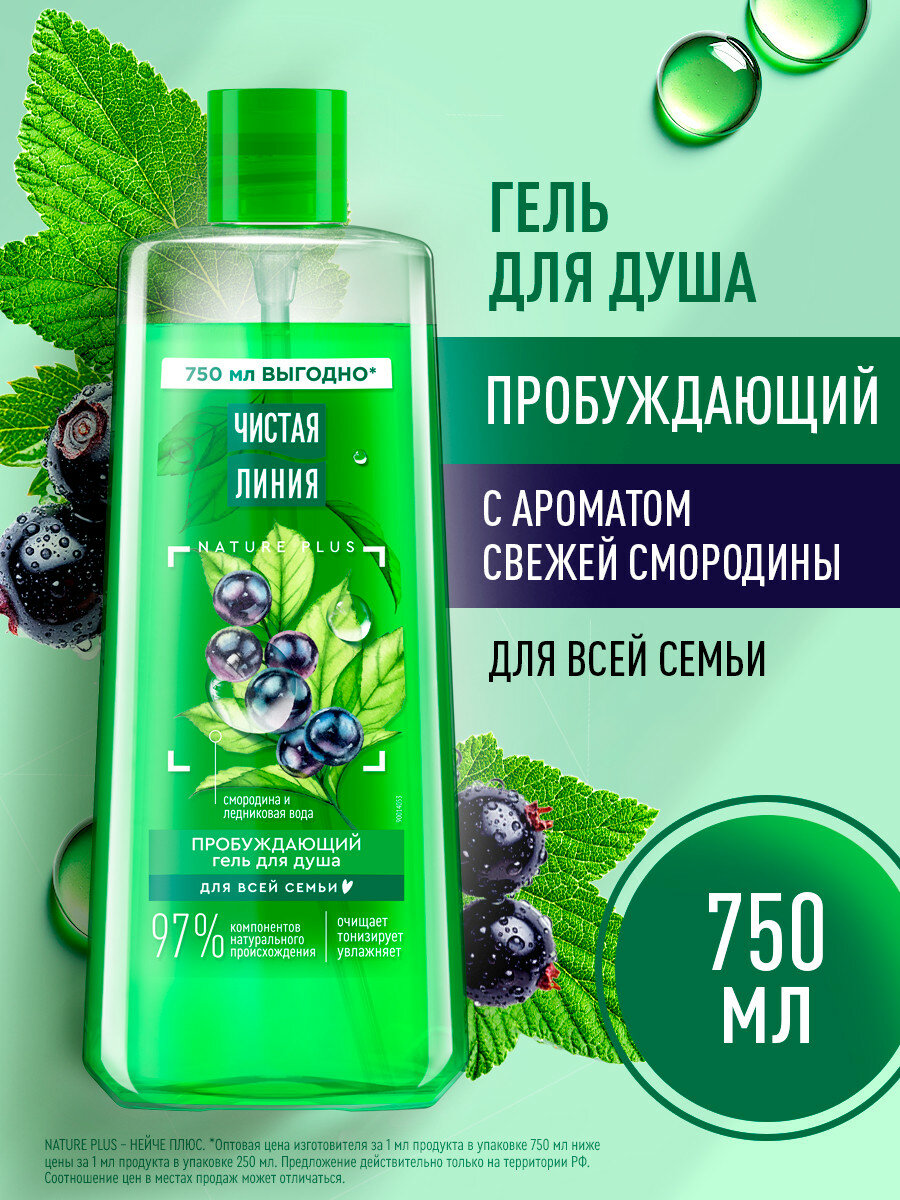 Чистая Линия Гель для душа женский на 100% натуральной основе со смородиной и ледниковой водой 750 мл