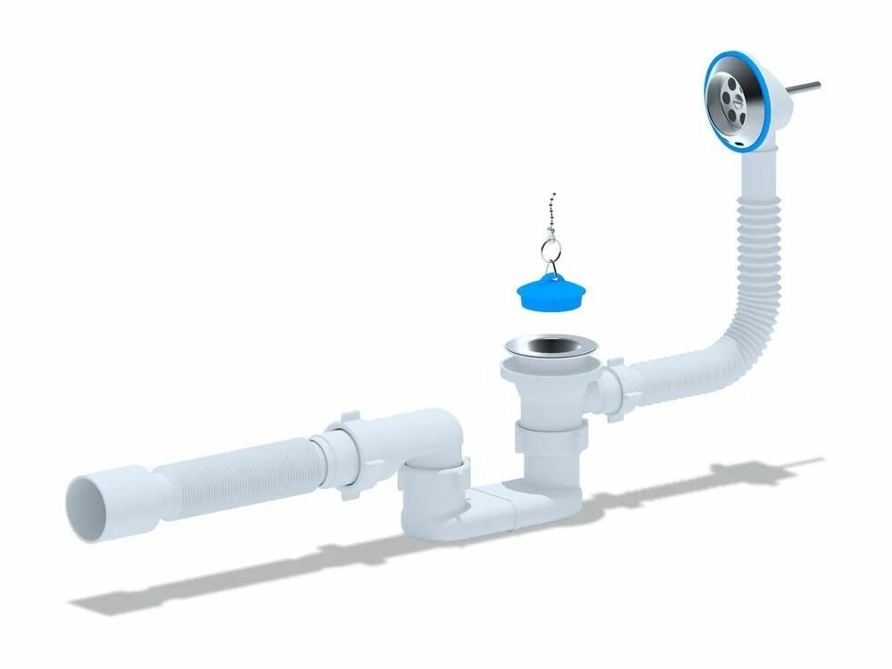 Сифон для ванны АНИ 1 1/2' с выпуском и переливом плоский с гибкой трубой 40х50